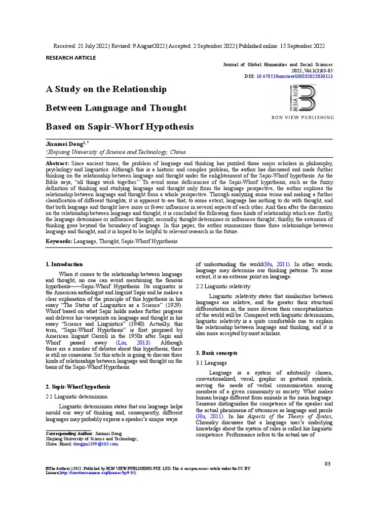 A Study On The Relationship Between Language and Thought Based On Sapir-Whorf Hypothesis | PDF ...