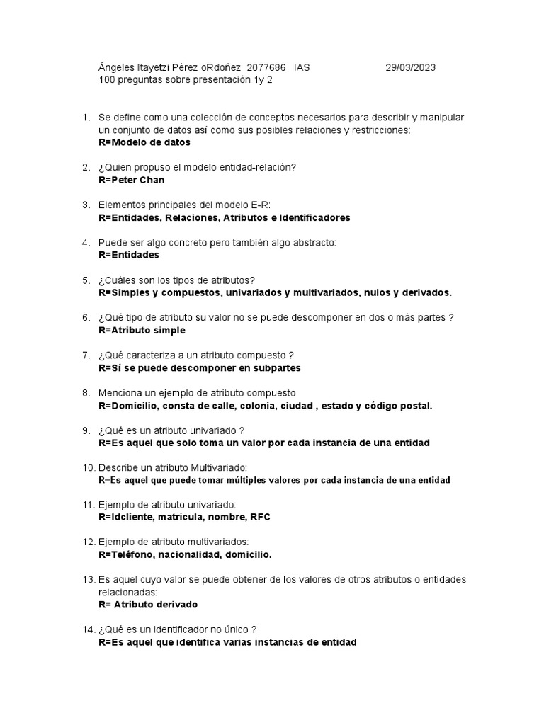 100 Preguntas | PDF | Base de datos relacional | Bases de datos