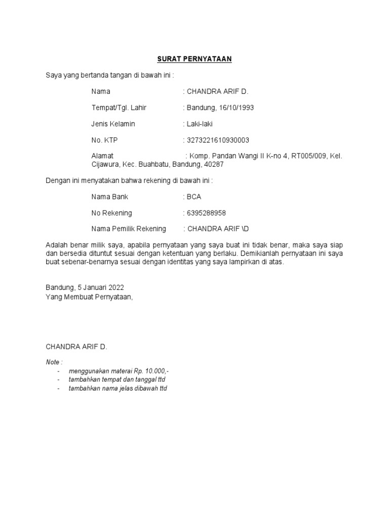 Surat Pernyataan Kepemilikan Rekening BCA | PDF