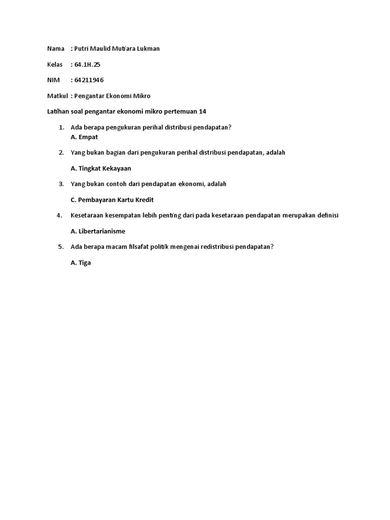 Latihan Soal Ekonomi Mikro Pertemuan 14 | PDF | Karier & Perkembangan