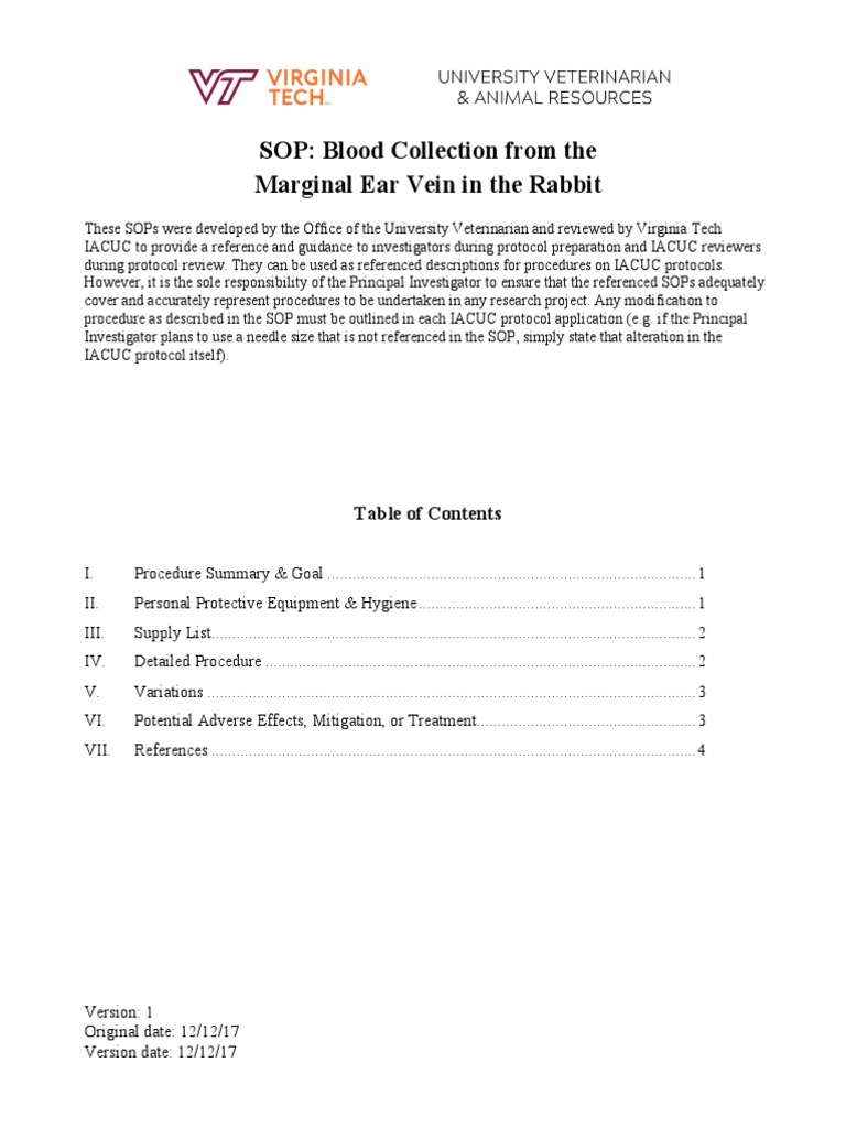 Sop Rabbit Blood Collection Marginal Ear Vein | Download Free PDF ...