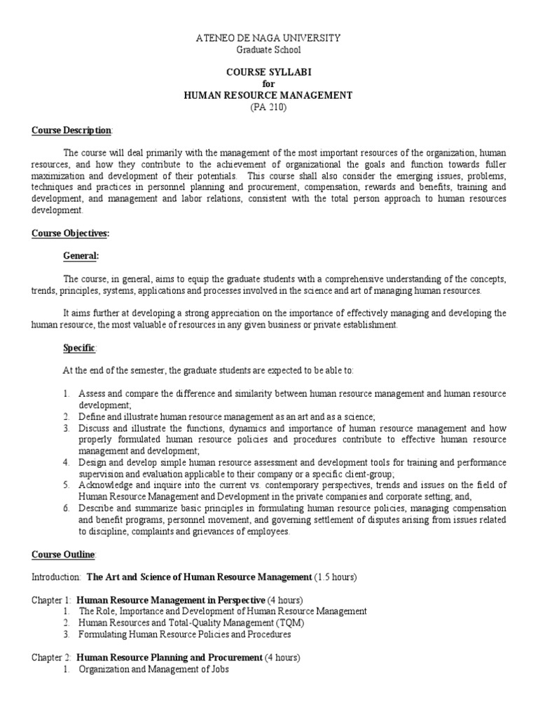 GS Course Outline On HRM, Updated, Reduced, JULY 2014 | Download Free ...