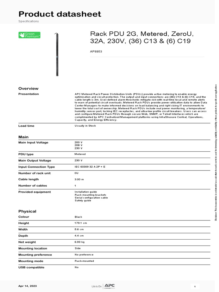NetShelter Metered Rack PDUs - AP8853 | PDF | Electrical Engineering | Electricity