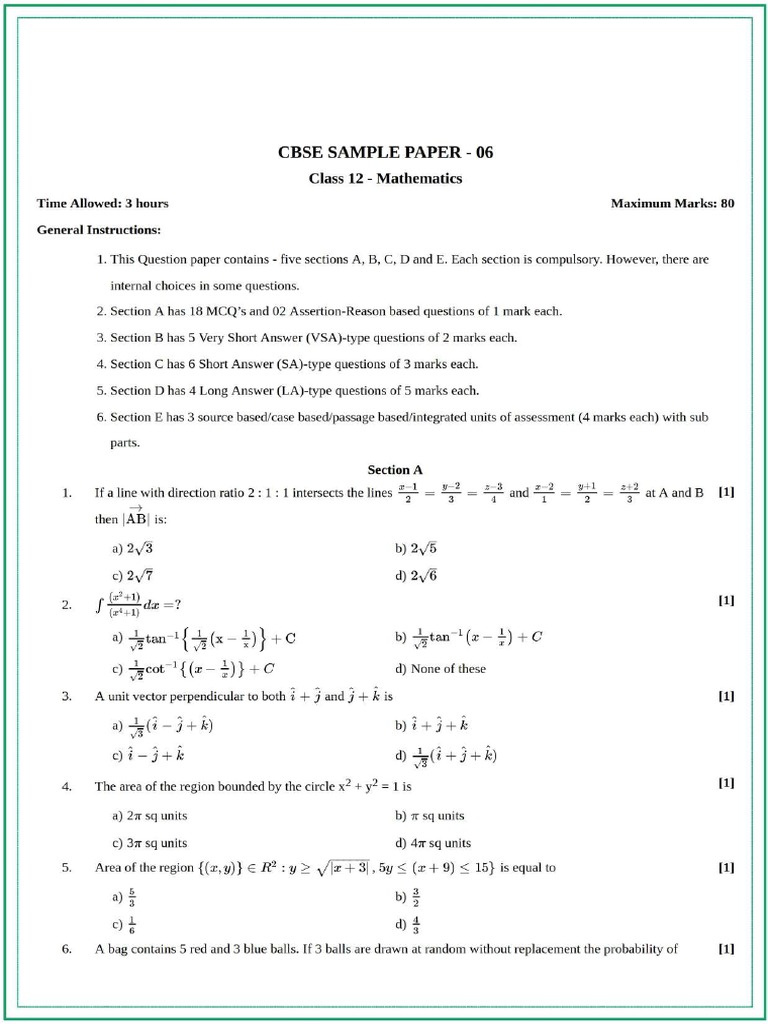 Class 12 Sample Paper 06 | PDF