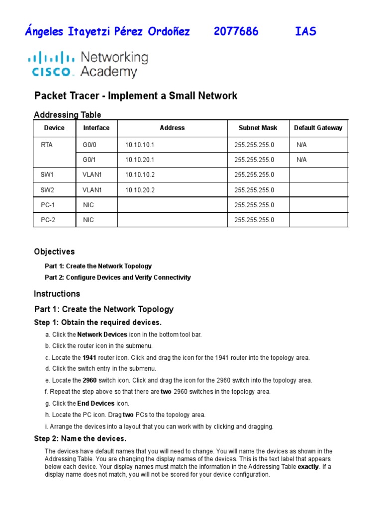 1 6 1 Packet Tracer Implement A Small Network Pdf Network Topology Router Computing