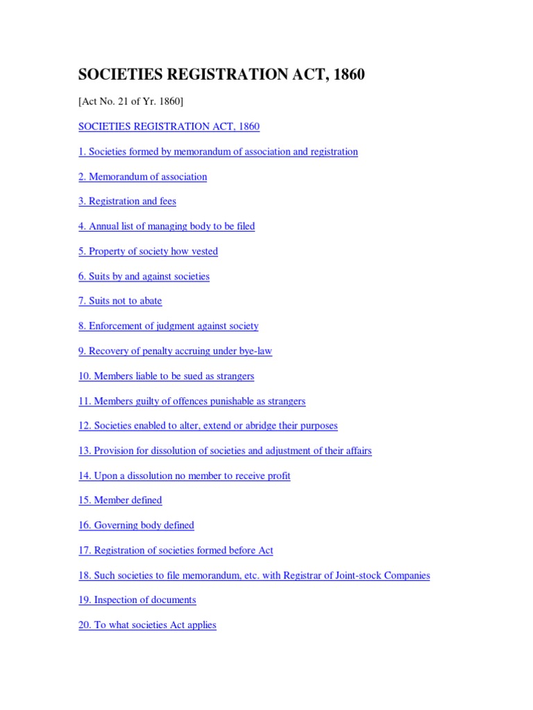 Societies Registration Act, 1860: (Act No. 21 of Yr. 1860) | PDF | Lawsuit | Judgment (Law)