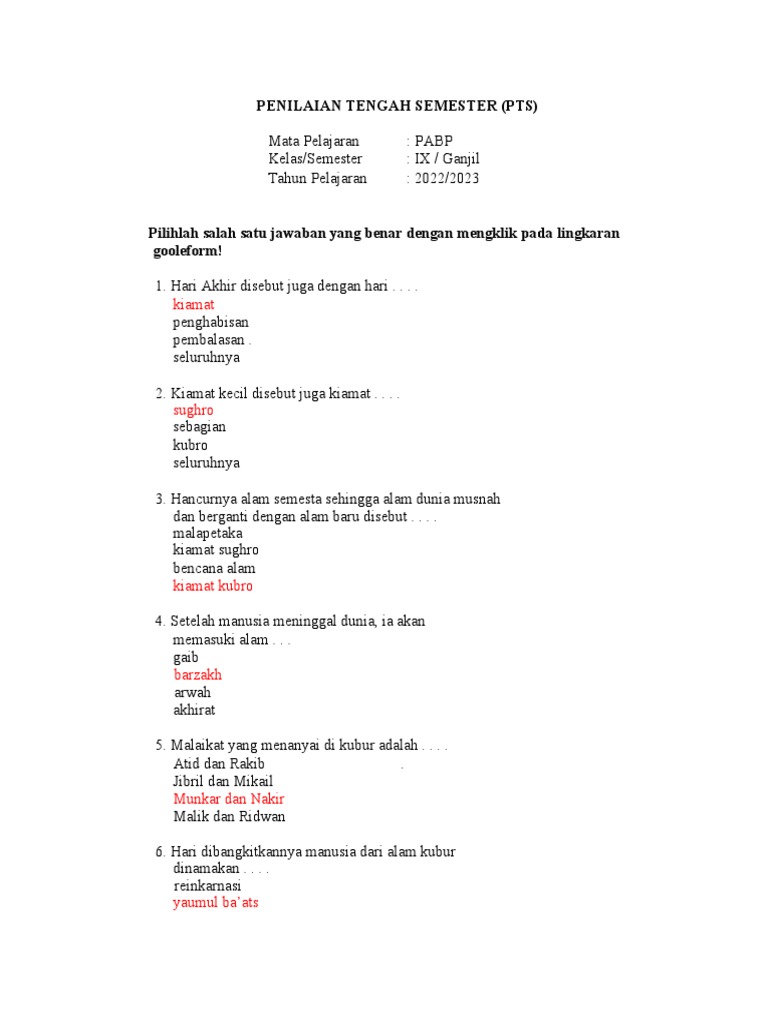 Soal Penilaian Tengah Semester Ganjil | PDF