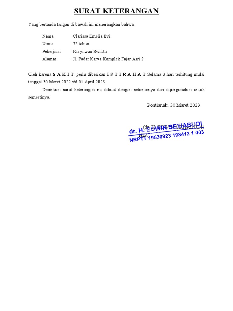 Surat Keterangan Sakit Dr. Edwin Setiabudi | PDF