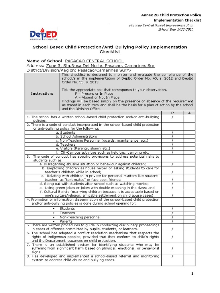 School-Based Child Protection/Anti-Bullying Policy Implementation ...
