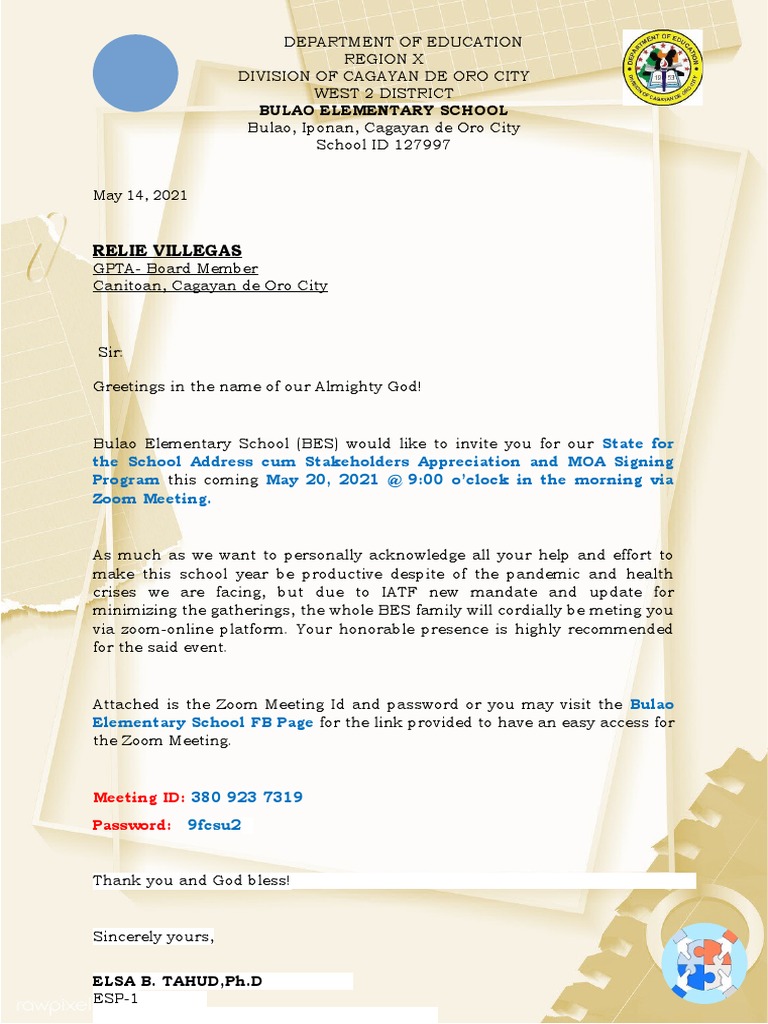 Bulao Elementary School Zoom Invitation | PDF