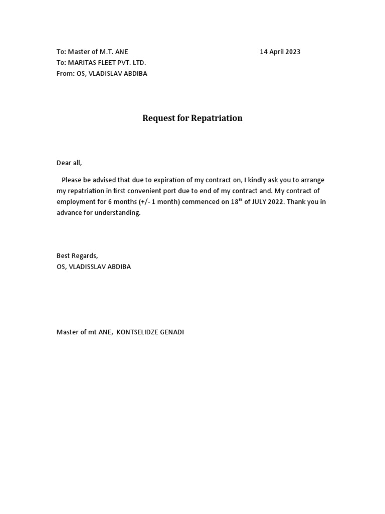 Request For Repatriation | PDF