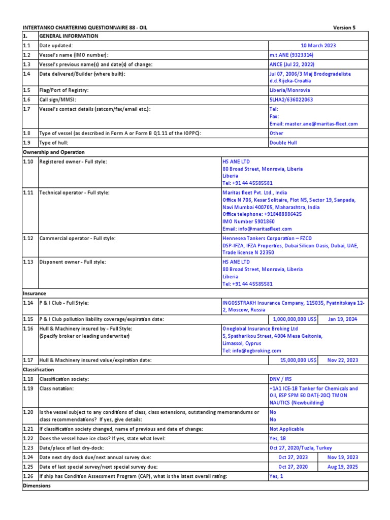 ANE - Q88 (Oil) - 10.03.2023 | PDF | Tonnage | Marine Propulsion