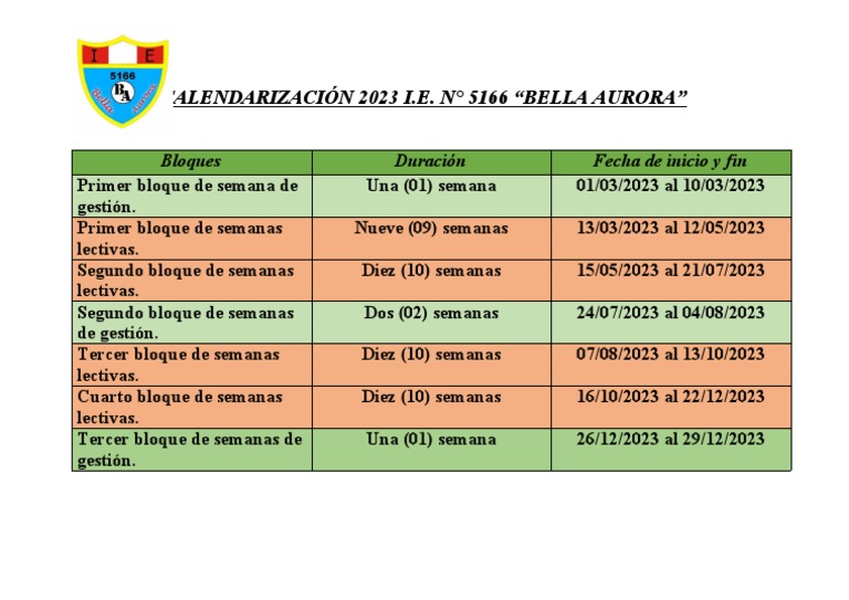 Calendario 2023 I.E. 5166 Bella Aurora | PDF