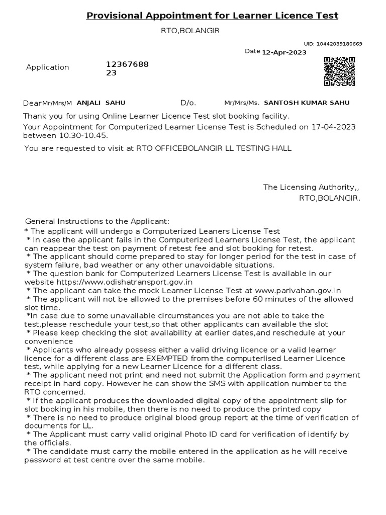 Provisional Appointment For Learner Licence Test | PDF | Driver's License