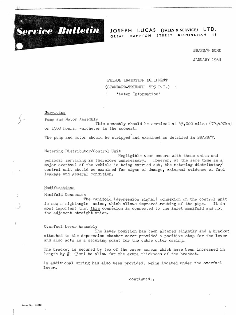Lucas Petrol Injection Service Bulletin SB-FS-09 | PDF | Distributor ...