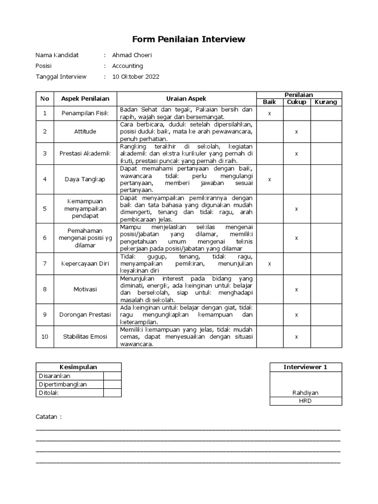 Form Penilaian Interview | PDF