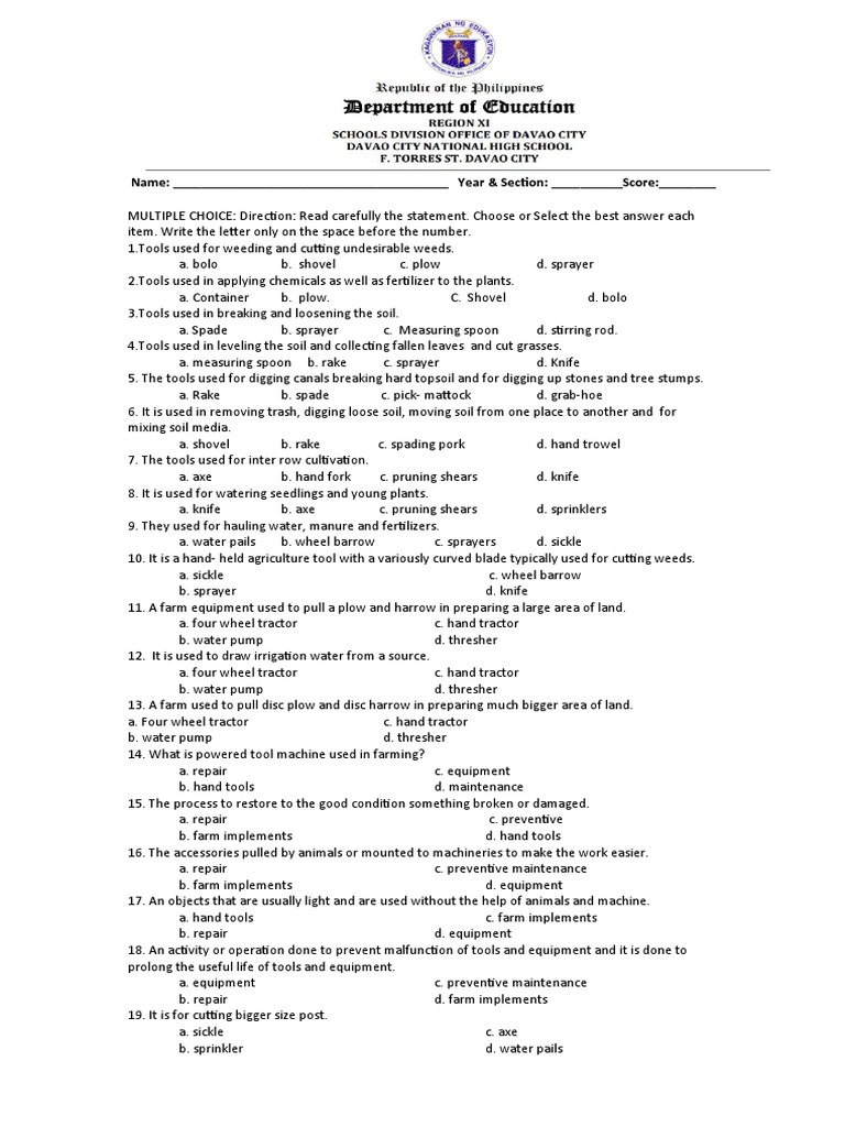 Crop Production Tools Quiz | PDF | Agricultural Machinery | Plough