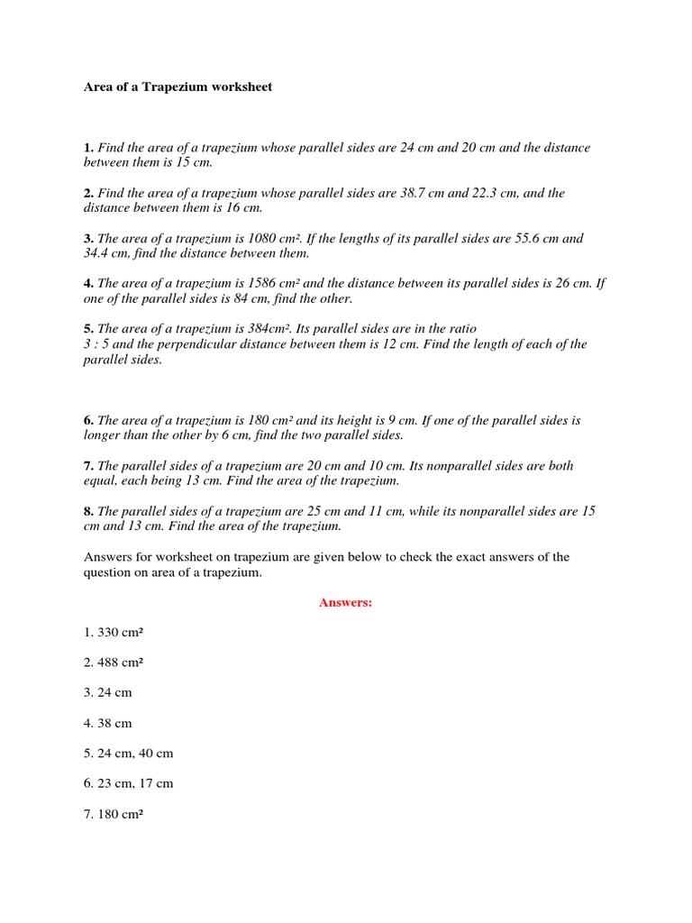 Area of A Trapezium Worksheet | PDF