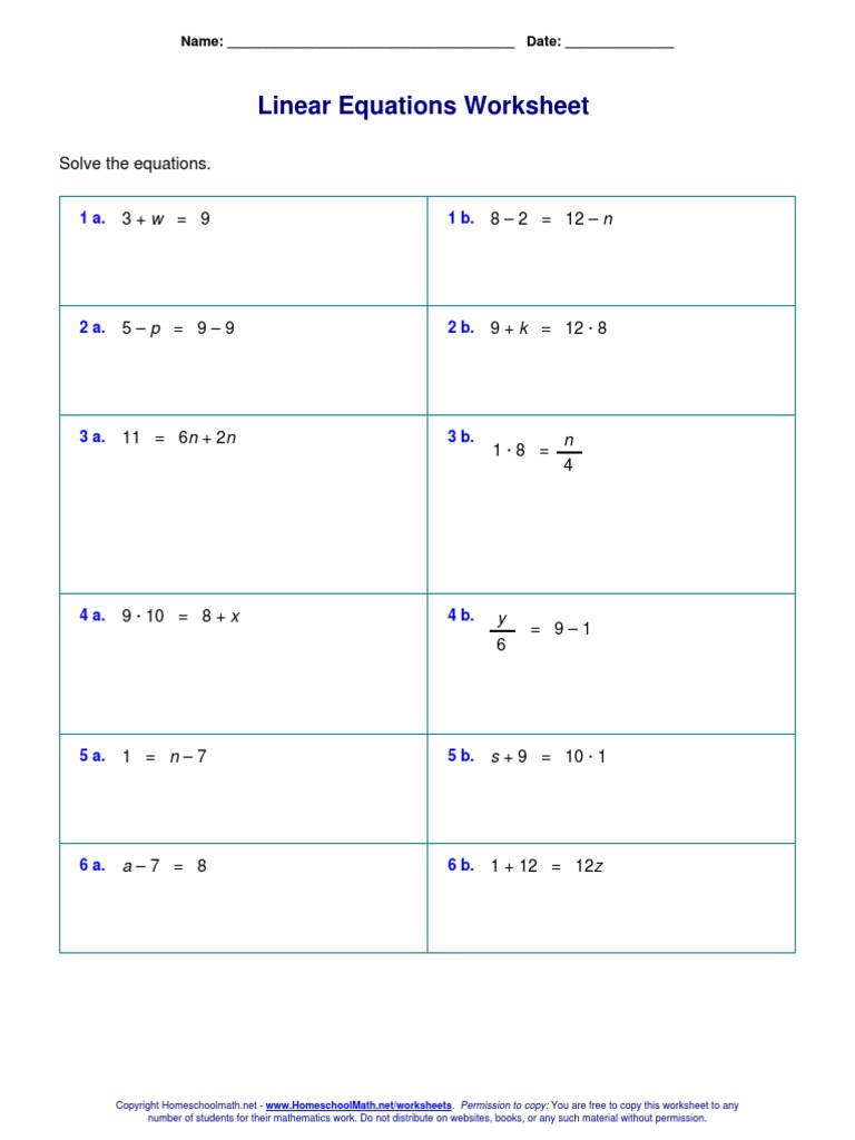 Linear Equations Worksheet | PDF | Mathematics | Equations