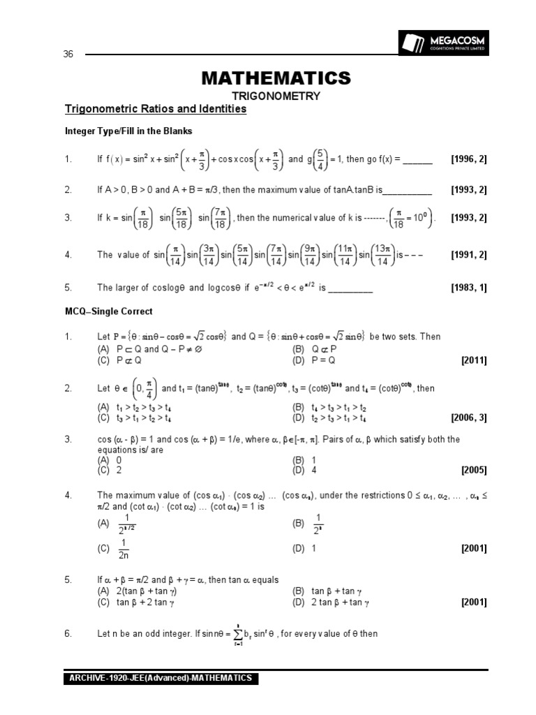 Trigonometry Test Paper Solutions | PDF | Trigonometry | Trigonometric ...