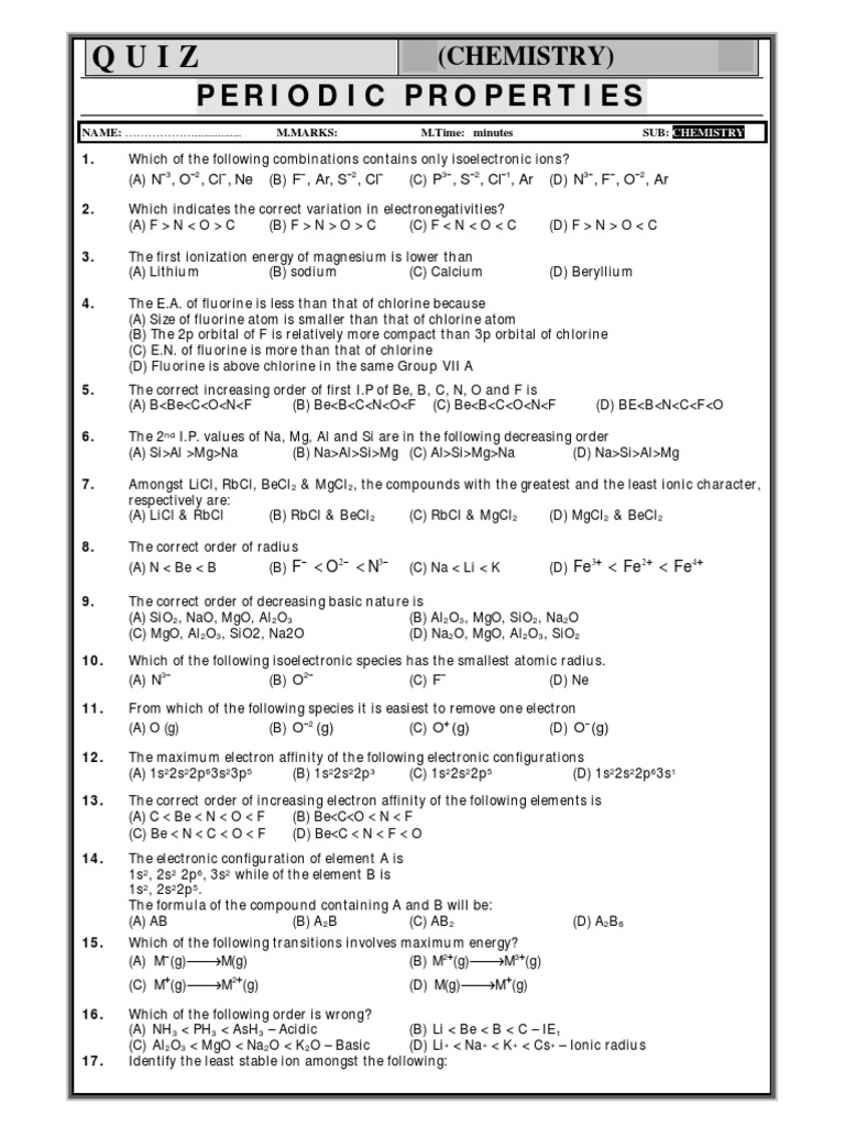Quiz-Periodic Properties-Vd - JS | PDF | Ion | Chlorine