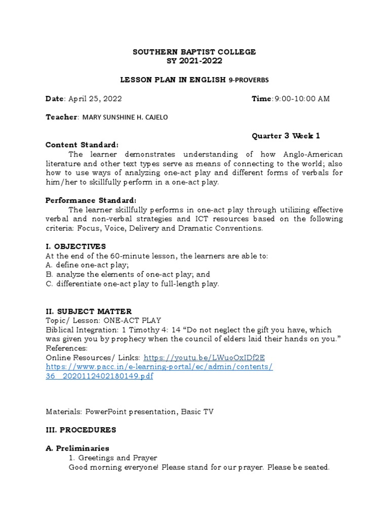 Topic/ Lesson: ONE-ACT PLAY | PDF | Cognition | Learning