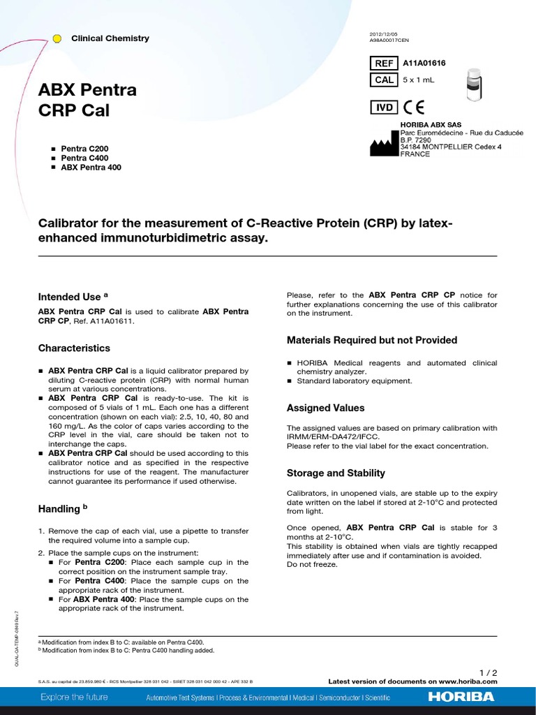 Horiba. ABX Pentra C-Reactive Protein High Sensitive (CRP HS) Calibration. Montpellier. Horiba ...