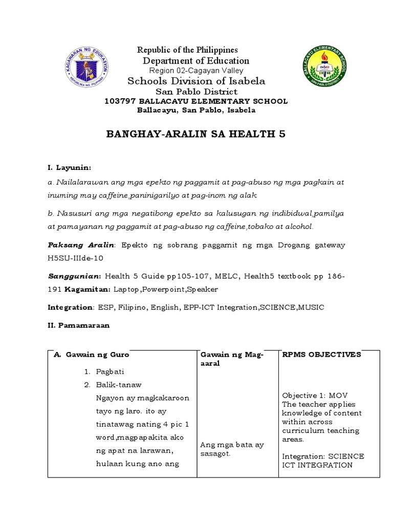 Banghay-Aralin Sa HEALTH 5-COT | PDF
