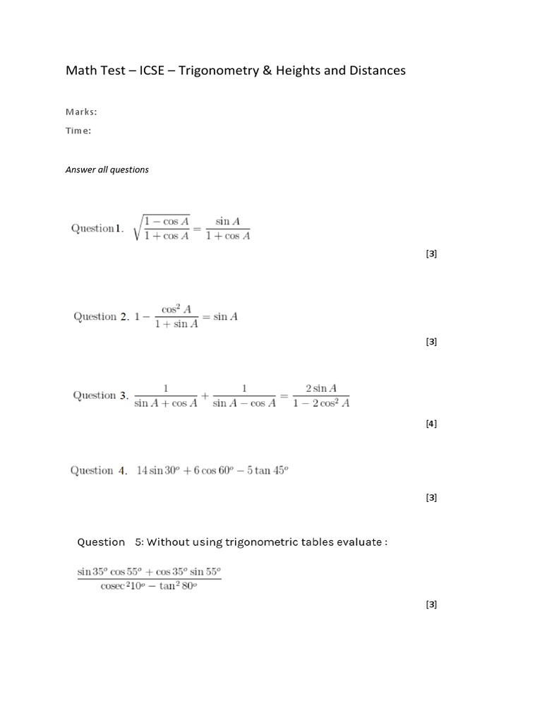 Math Test ICSE Trigonometry Word Problems | PDF