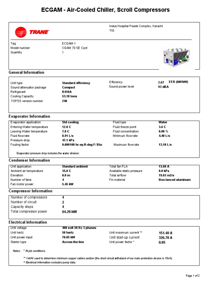 Specification Sheet for a Standard Efficiency Air-Cooled Chiller with ...