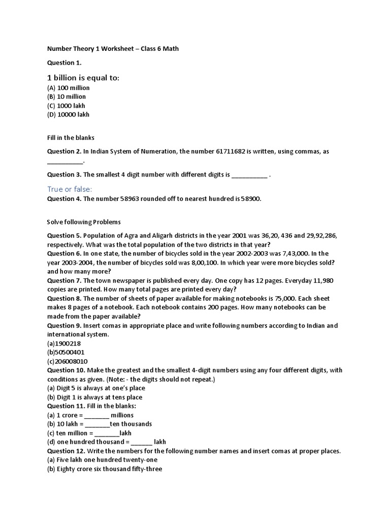 Number Theory 1 Worksheet | PDF | Notebook | Mathematics