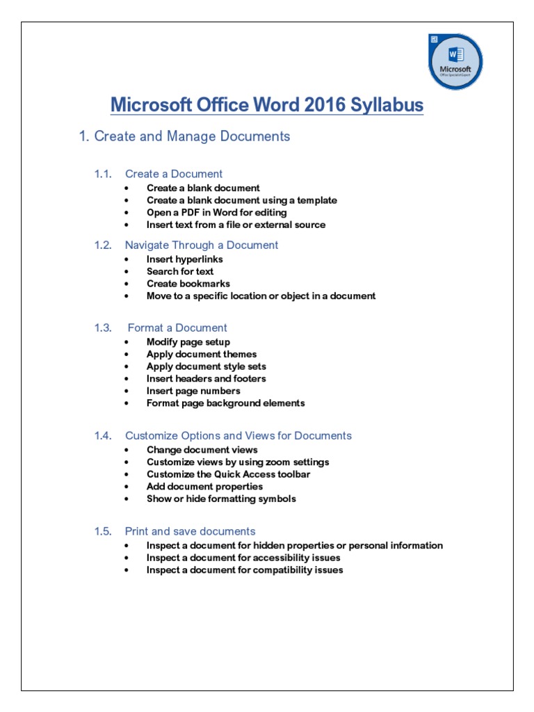 Microsoft Office Word 2016 Syllabus: 1. Create and Manage Documents | PDF | Paragraph | Software ...
