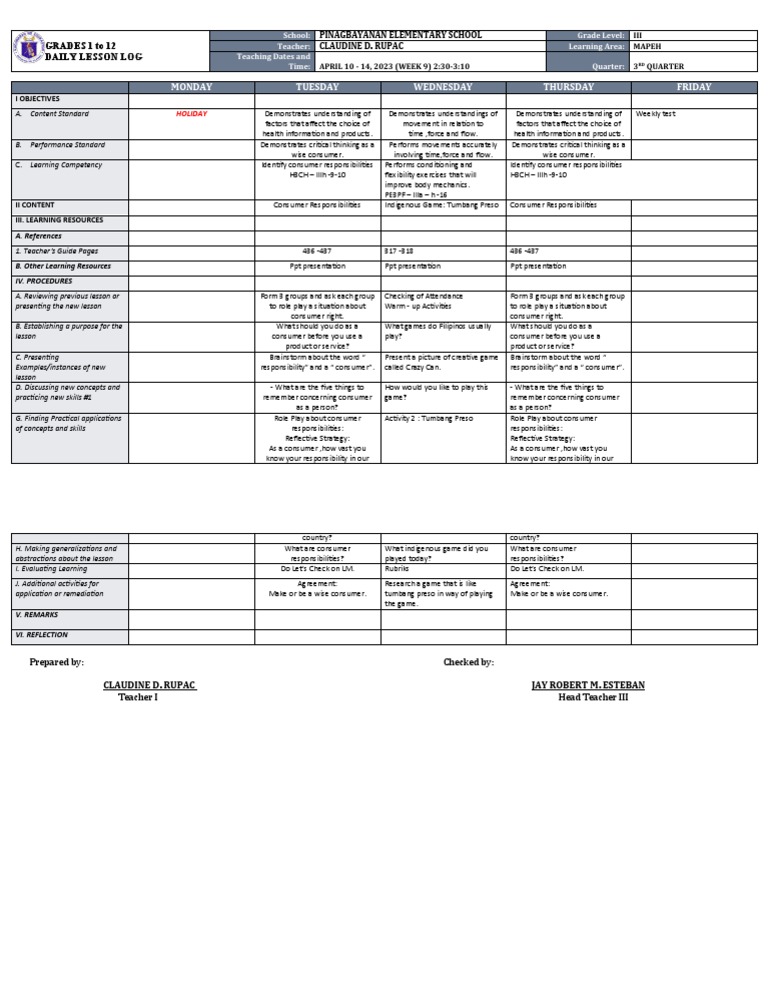 DLL Mapeh-3 Q3 W9 | PDF | Learning | Teachers