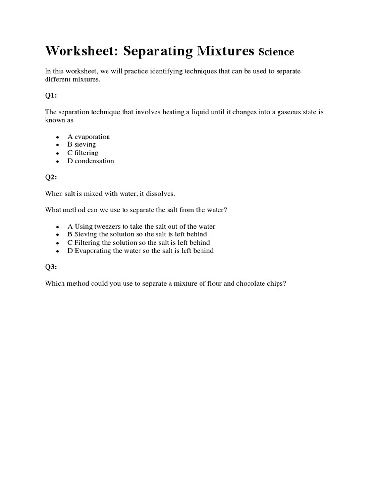 Separating Mixtures Worksheet for Students | PDF | Cooking, Food & Wine ...