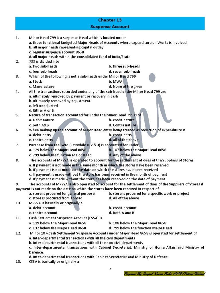 Chapter - 13 Suspense Account - MCQ | PDF | Debits And Credits | Expense