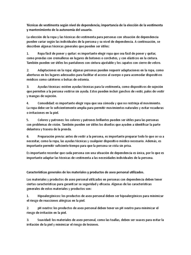 Técnicas de Vestimenta Según Nivel de Dependencia | PDF | Higiene | Ropa