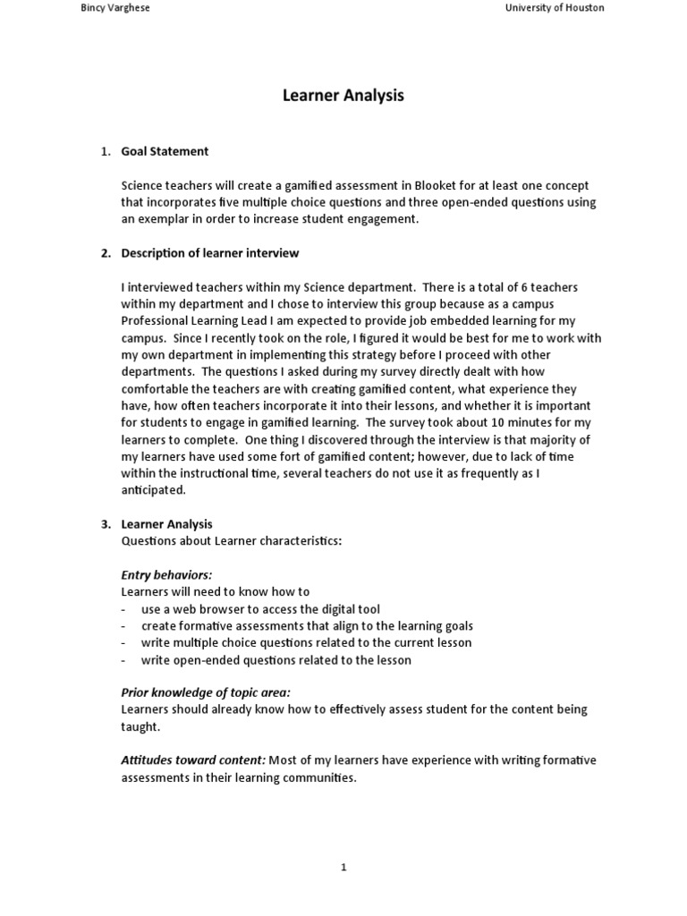 Learner Analysis Document | PDF | Learning | Educational Assessment