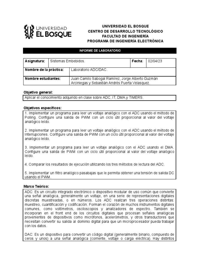 Laboratorio ADC/DAC en Sistemas Embebidos | PDF | Conversor analógico a ...