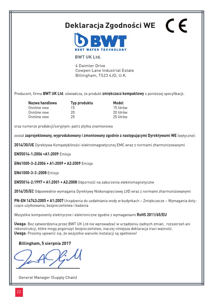 Deklaracja Zgodności WE: BWT Uk LTD | PDF