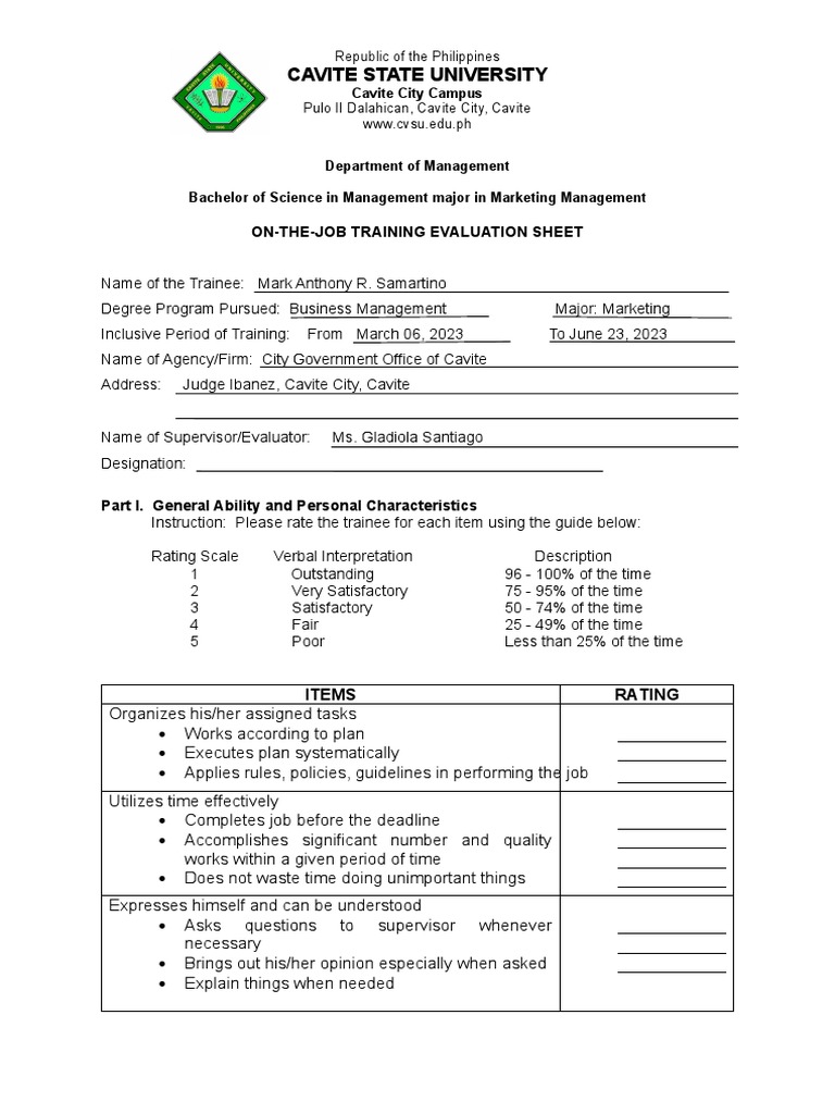 CvSU WFH OJT Performance Evaluation | Download Free PDF | Skill | Science