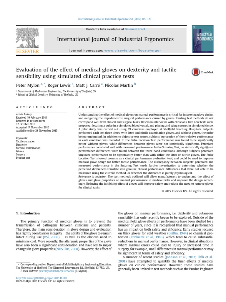 Evaluation of The Effect of Medical Gloves On Dexterity and Tactile ... Evaluation of The Effect of Medical Gloves On Dexterity and Tactile ...