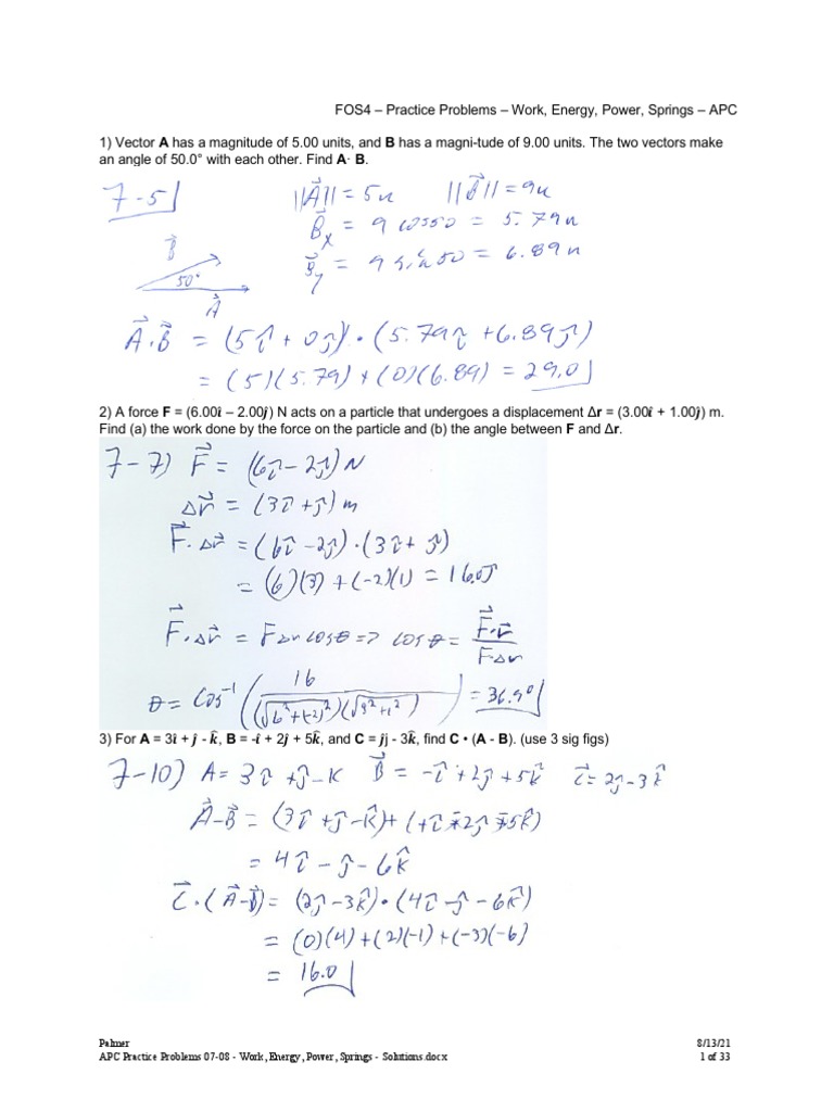 Apc Practice Problems 07-08 - Work Energy Power Springs - Solutions | Download Free PDF | Force ...