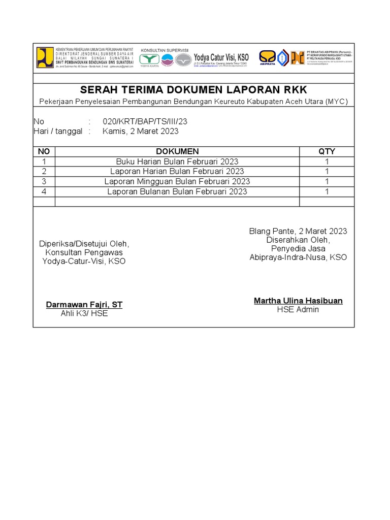 Serah Terima Dokumen Laporan RKK | PDF