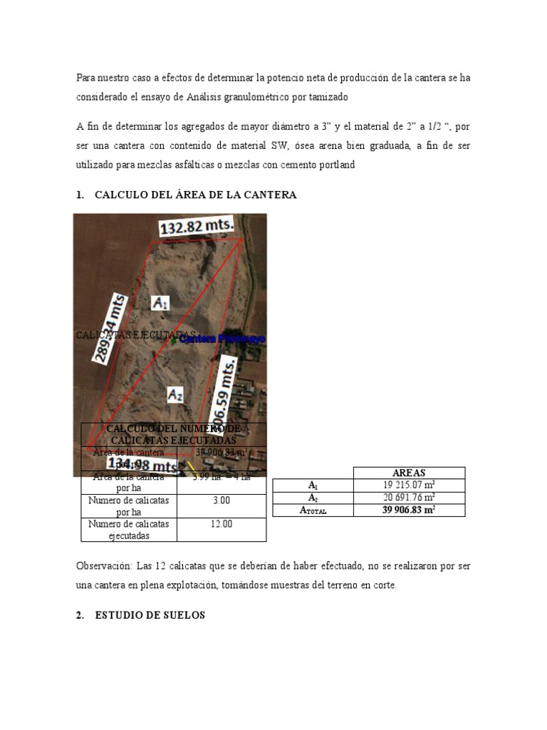 Calculo Del Área de La Cantera: Calicatas Ejecutadas | PDF