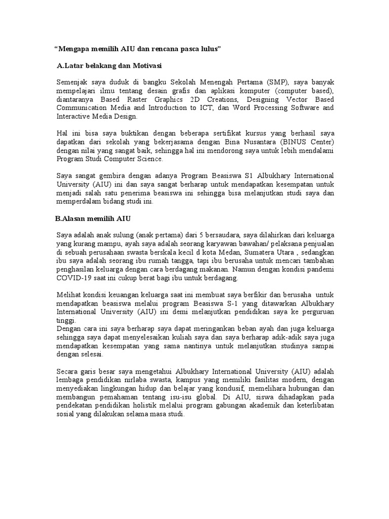 Esai - Mengapa Memilih Aiu Dan Rencana Pasca Lulus | PDF