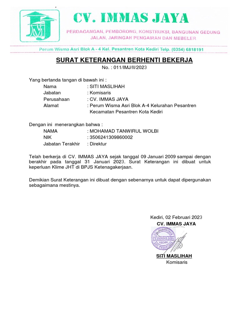 Surat Keterangan Berhenti Bekerja BPJS | PDF