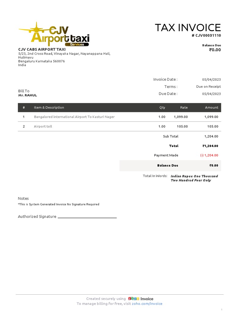 Taxi Invoice | PDF