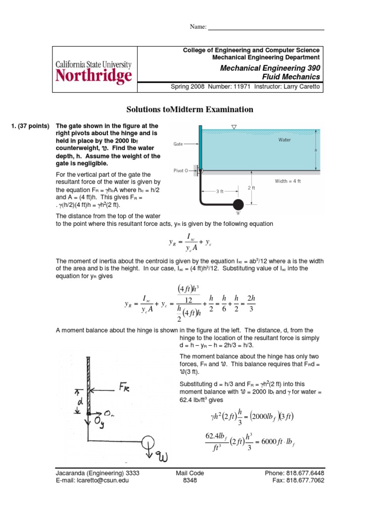 MIDTERM TEST Solution | PDF | Fluid Dynamics | Pressure