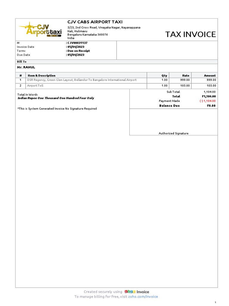 Taxi Invoice | PDF