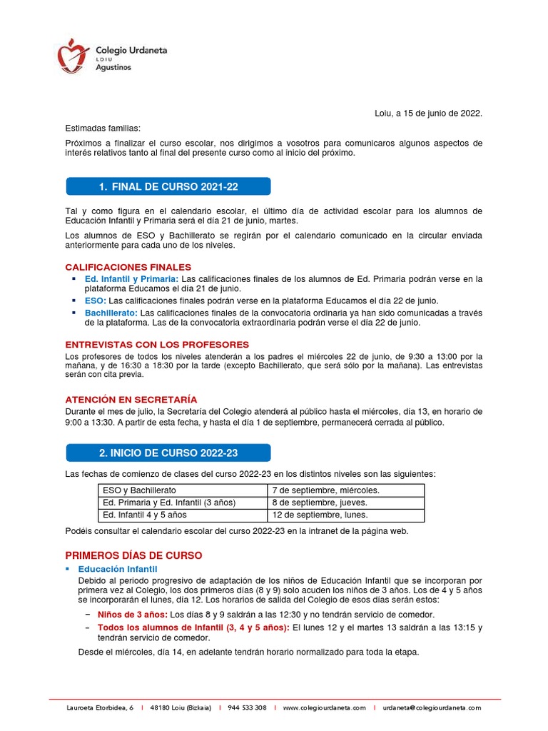 Circular Final de Curso 2021-22 | PDF | Educación primaria | Desarrollo humano